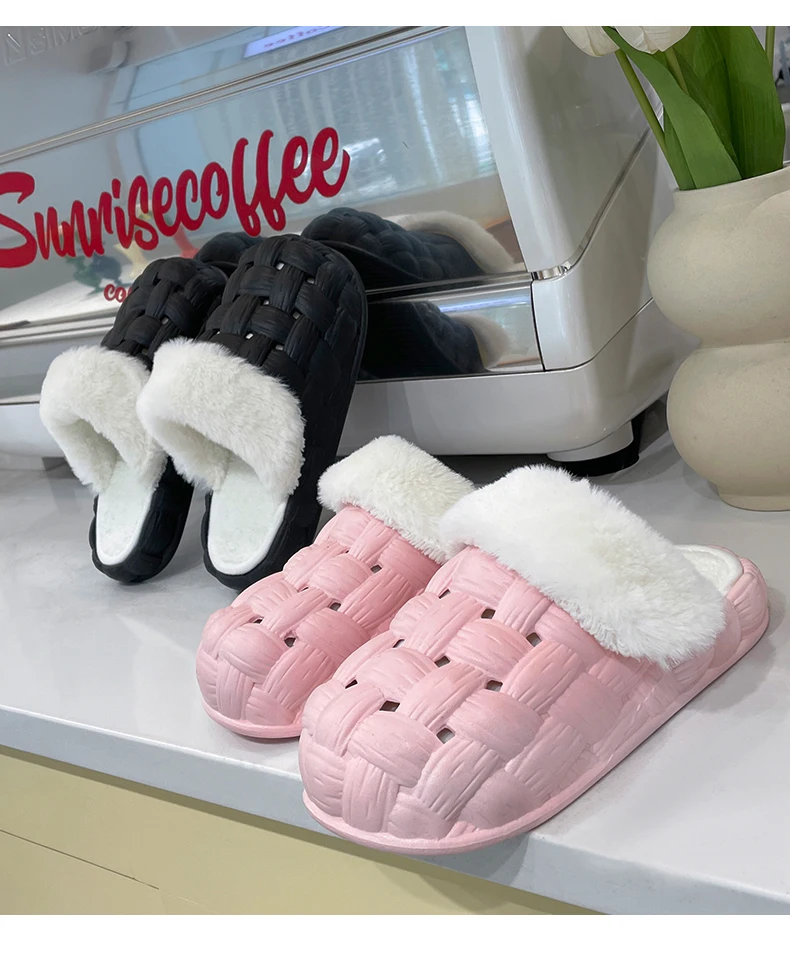 Custom Cute Lady Fluffy Home Slippers Winter Warm Plush Platform Slides ...