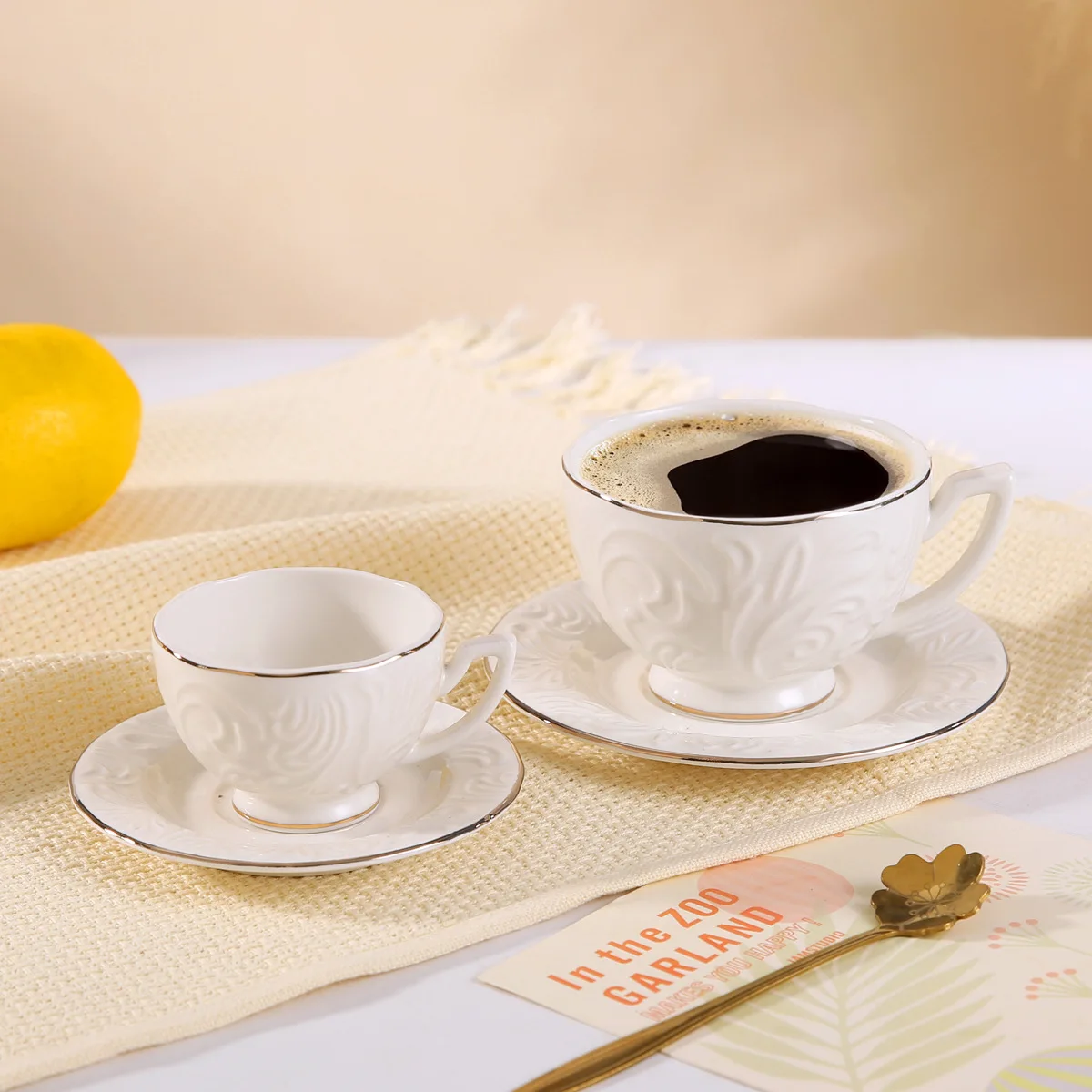 Luxury White Gold Tea Cups Set of 6 Turkish Embossed Coffee Cups Set 220ml Ceramic Tea Gift Set ...