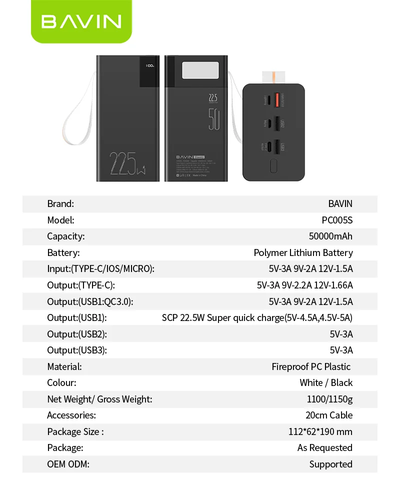 BAVIN 22.5W 50000mah Portable Power Station - Fast Charging