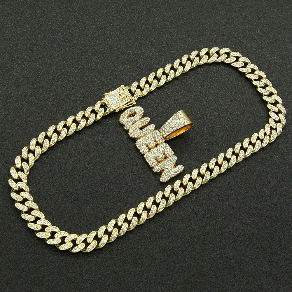 Men Women Hip Hop Bling Letter KING QUEEN Pendant Necklaces