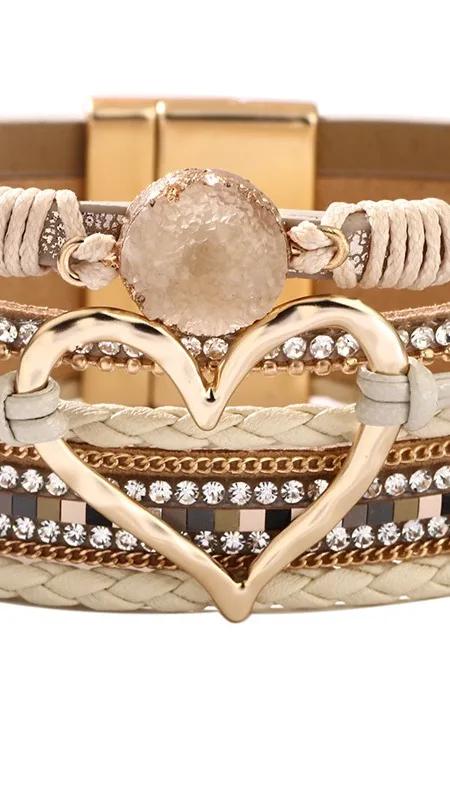 Shimmering Multilayer Leather Wrap Bracelet With Rhinestones Boho Heart ...