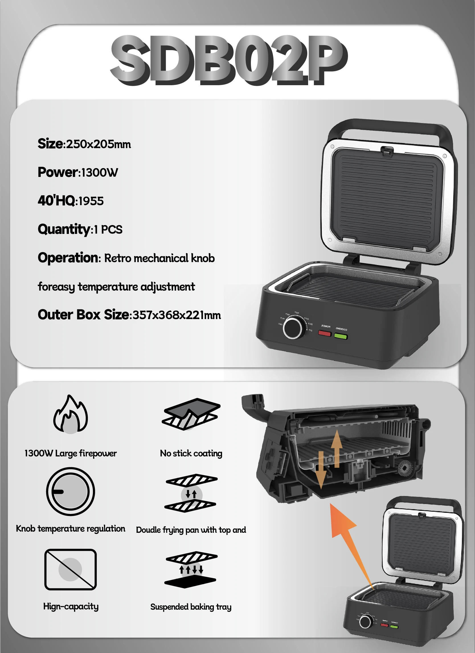 Electric Adaptive-lift Grill Uniform-heating Black mini Plastic Knob ...