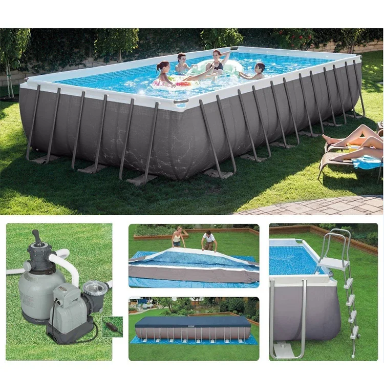 Intex 26374 Ultra Steel Frame Swim Pool Outdoor Rectangular Swimming ...