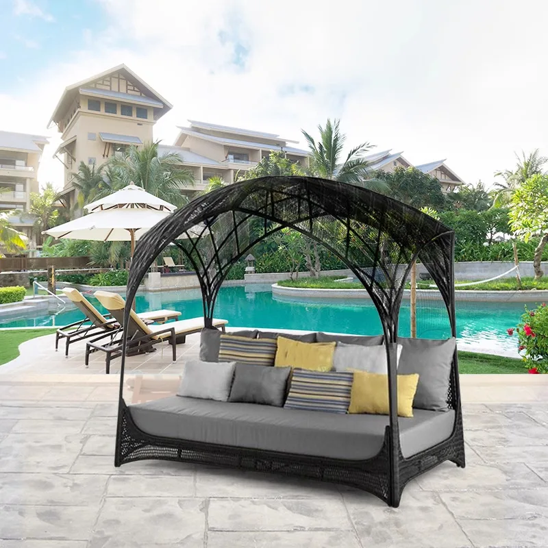 Outdoor Rattan Round Bed Patio Canopy Swimming Pool Reclining Bed Open ...