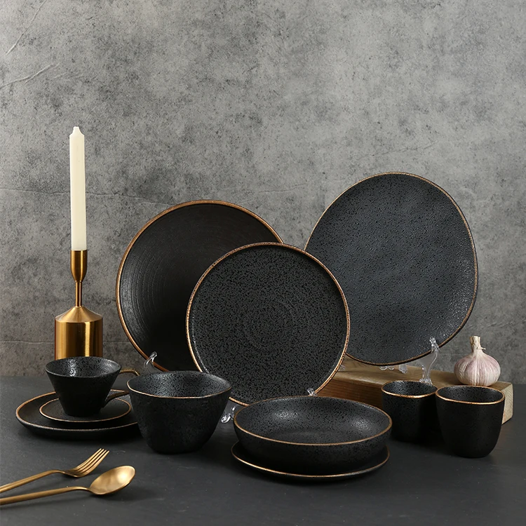 Wholesale modern unique texture stoneware black gold rim ceramic plates ...