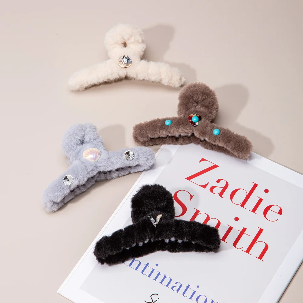 Cute Square Furry Claw Clips for Thick Curly Hair Elegant Fluffy Plush ...