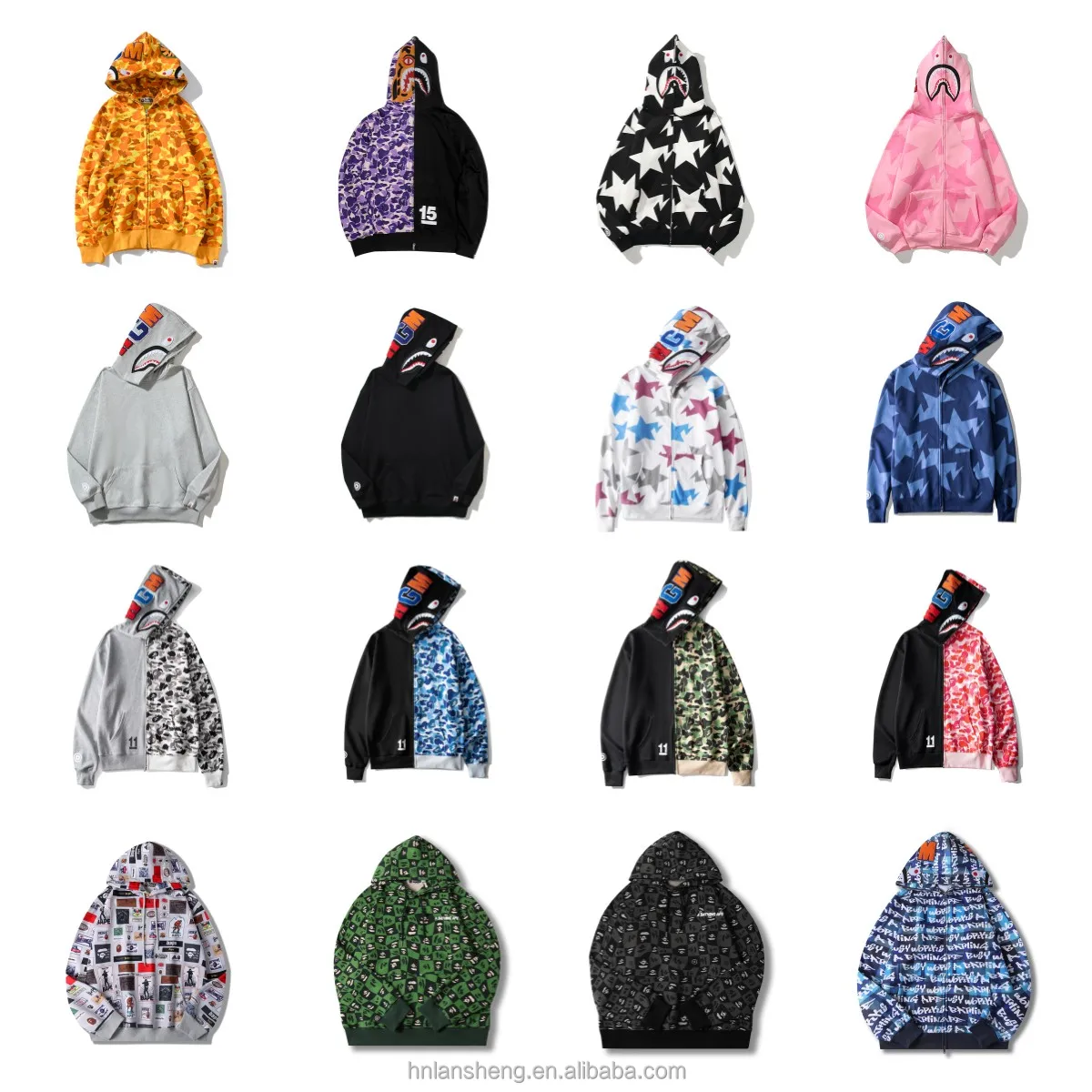 100% Cotton Top Quality Bathing Ape Shark Camo Zip Up Streetwear Outfit ...