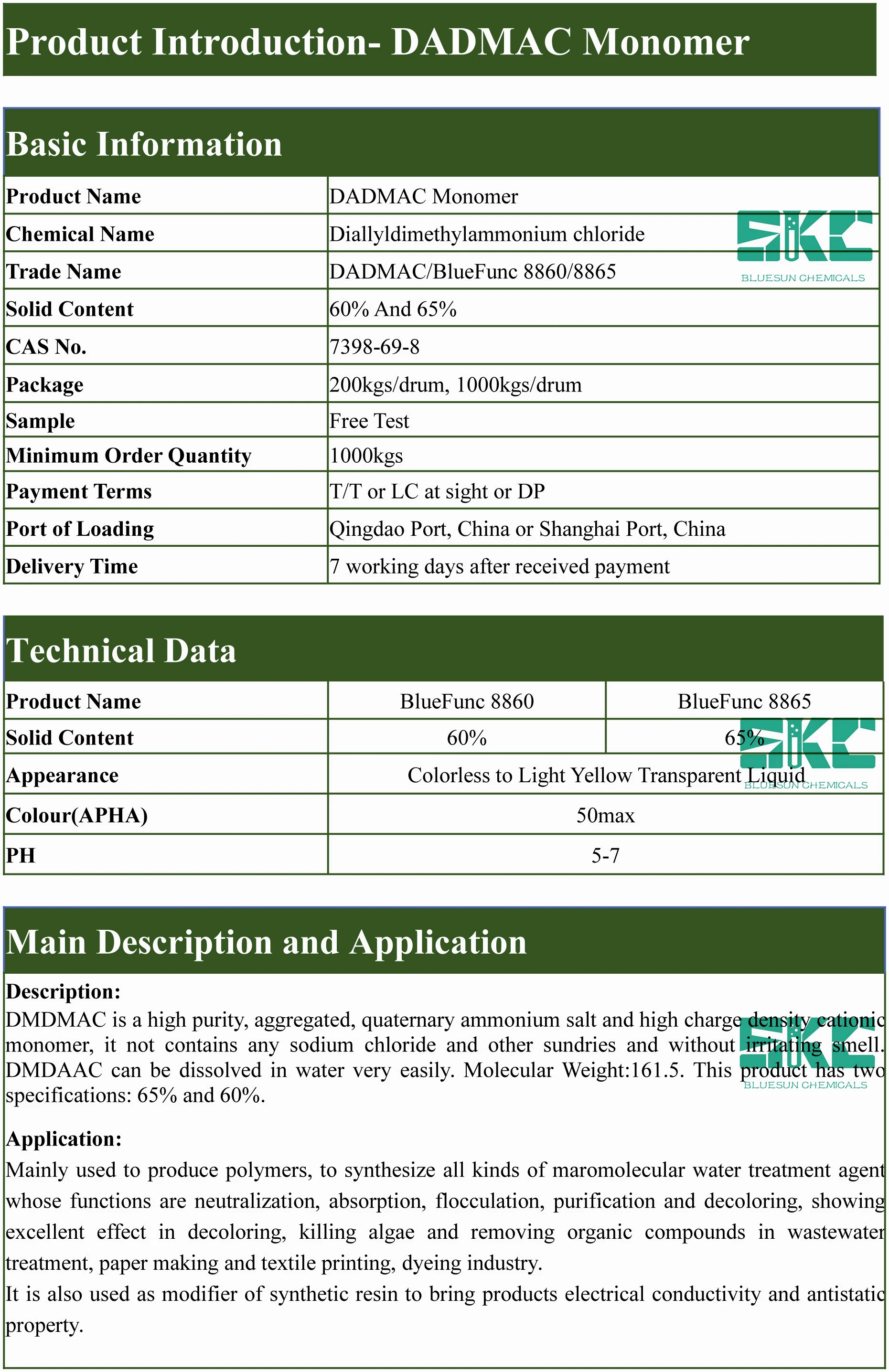 DADMAC 60%/65%; PDADMAC; Raw Material; Water Treatment Chemicals ...