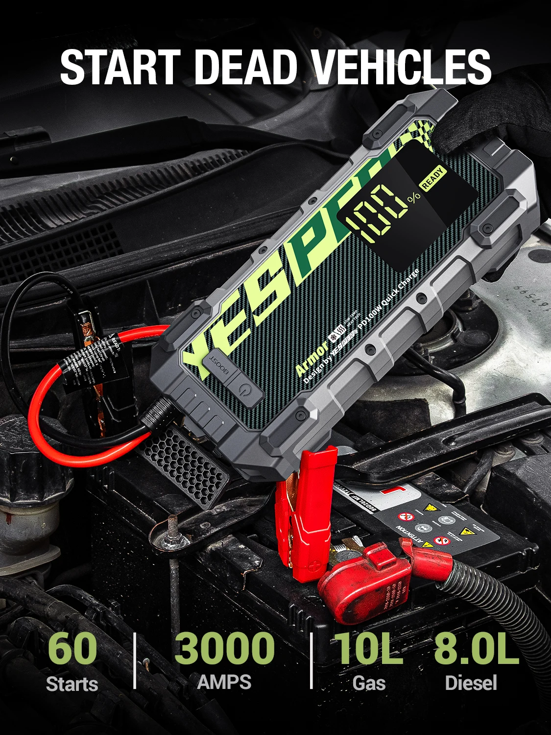 Yesper Armor Heating 3000A Car Jump Starter - 20000mAh High Power Jump ...