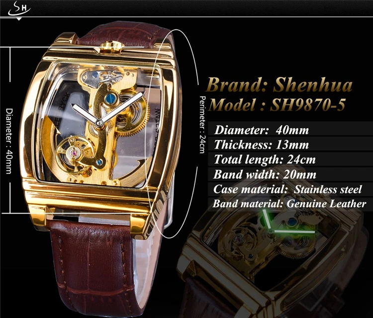 SHENHUA 9870L Automatic Men's Mechanical Dress Watch, Skeleton Gold ...