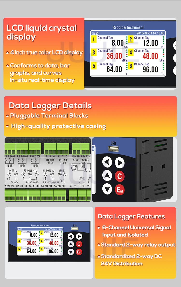 Multichannel Data Recorder with PT100 K TC Temperature Sensor