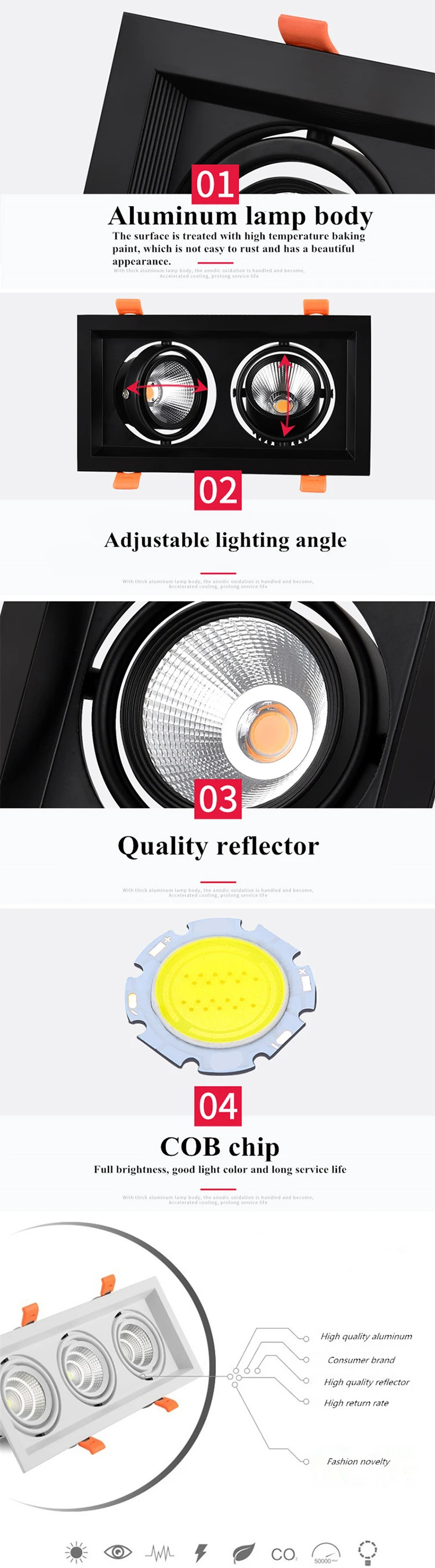 White Recessed Rectangular Single Double Triple Heads Cob Led ...