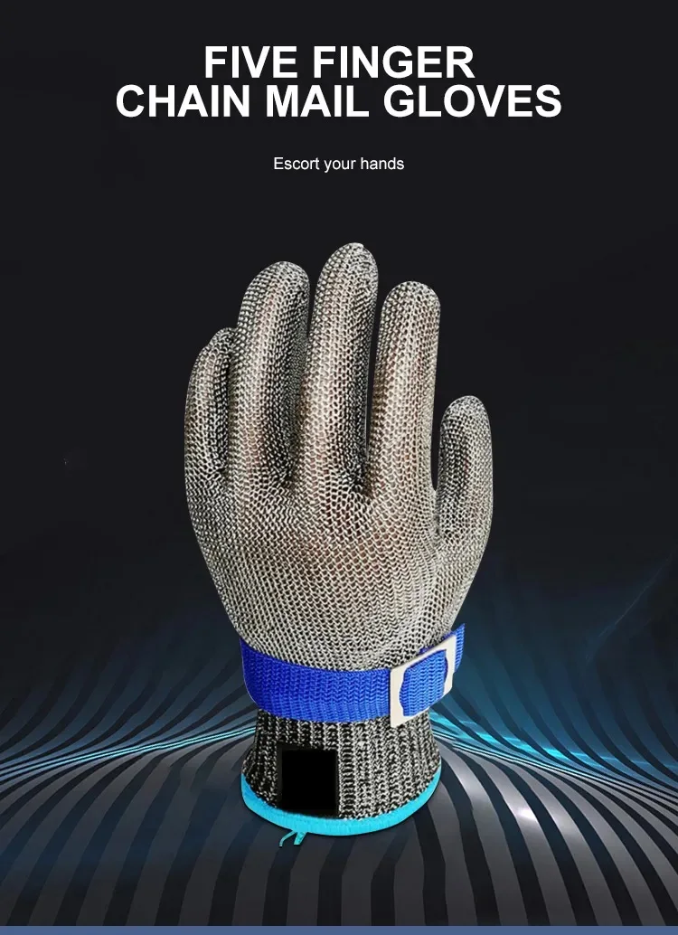 Five Fingers Belt Chainmail Cut Resistant Gloves 304 Stainless Steel ...