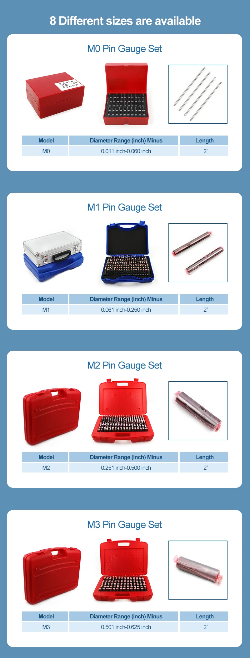 250pcs Minus Pin Gauge Set ZZ Grade 0.251-0.500 Inch