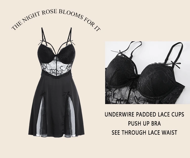 Sexy Women Pajamas Nightwear Silk Satin Patchwork Lace Mesh Nightgown
