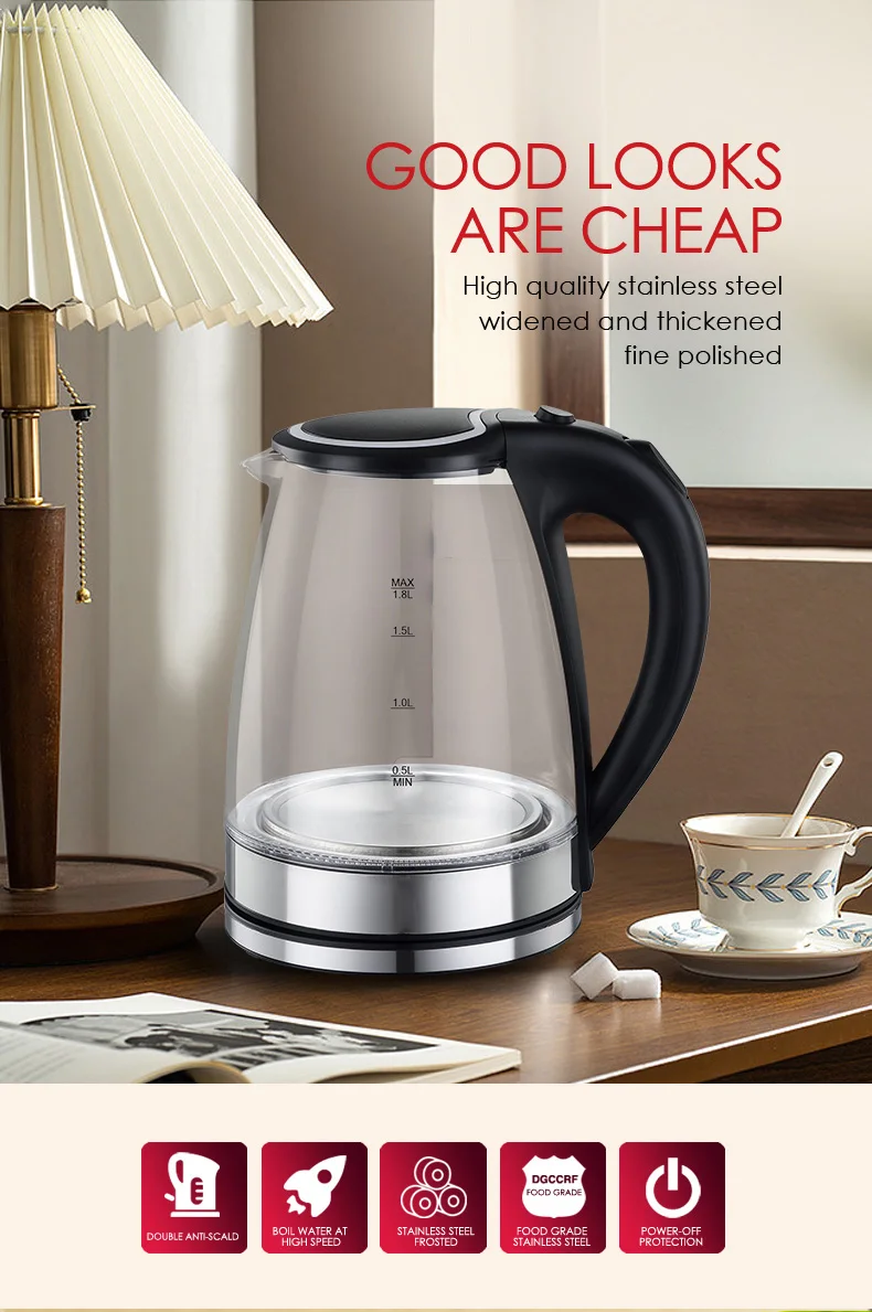 1500w 1.8l Glass Tea Kettle Hot Water Boiler Electric Kettle With ...