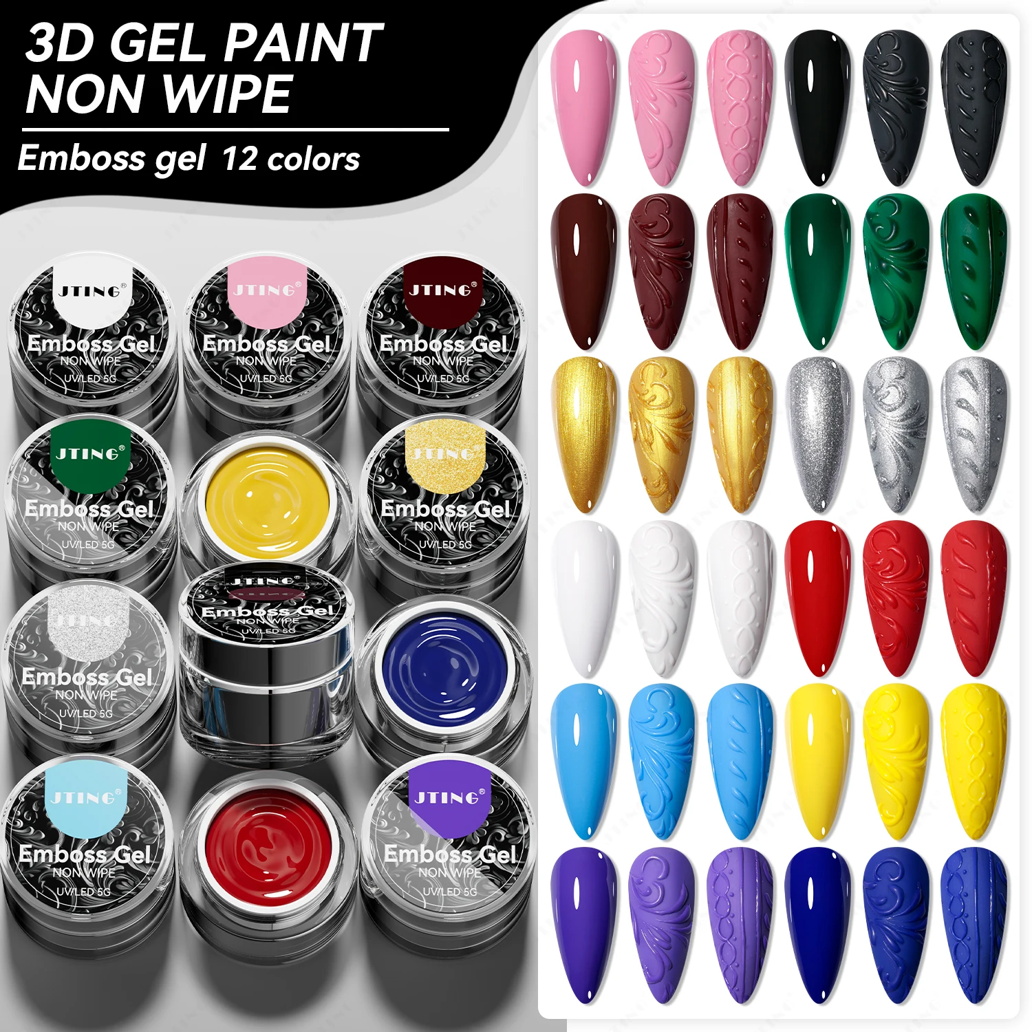 Jting Non Wipe 3d Paint Gel 12colors Set Unique Nail Art Effect Emboss ...