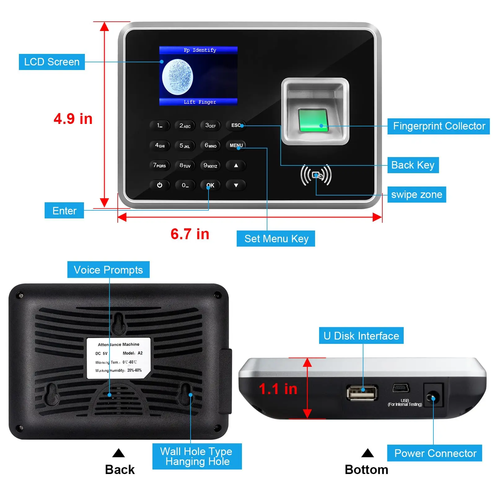 A2 Punch Fingerprint & ID Card Time Clock Tracker for Smbs