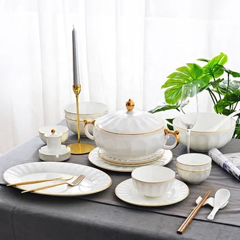 Luxury White Gold Rim Ceramic Dinner Set Embossed Dinnerware Fine Bone ...