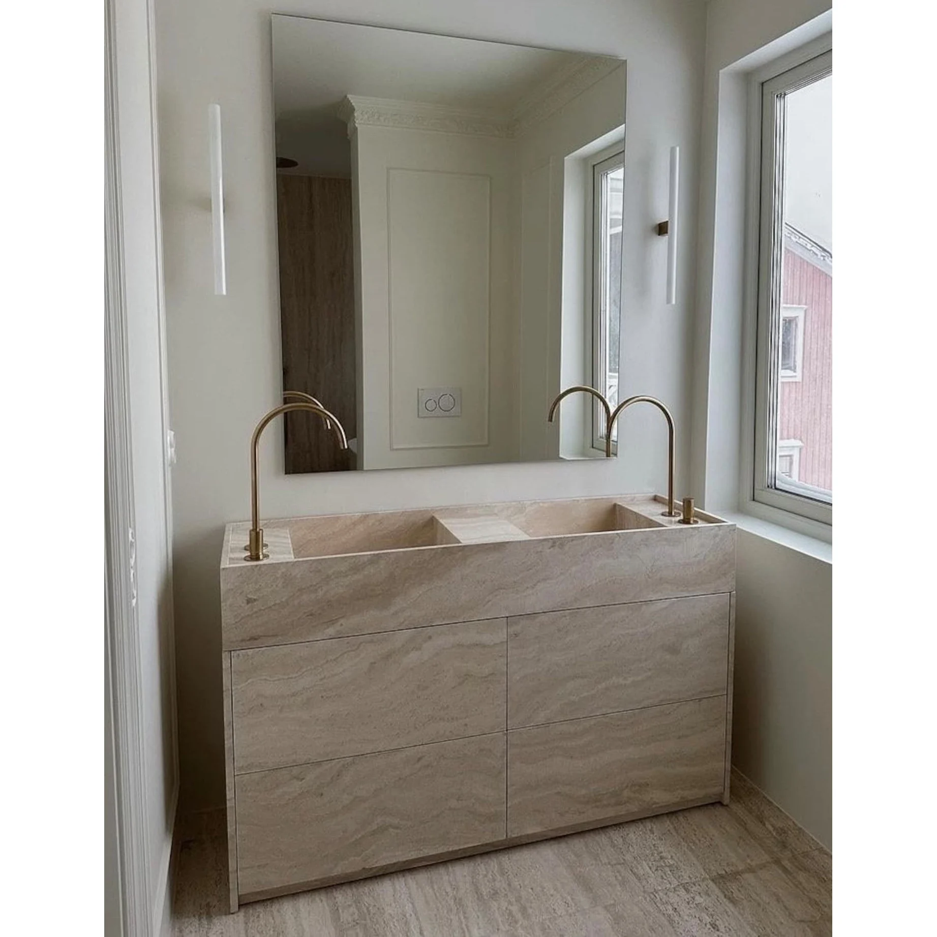 Customized Travertine Bathroom Vanity With Sink Drawer Design Wabi Sabi ...