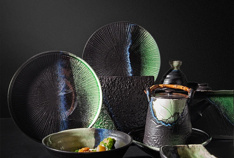 Unique Texture Japanese Art Retro Black Green Ceramic Plates