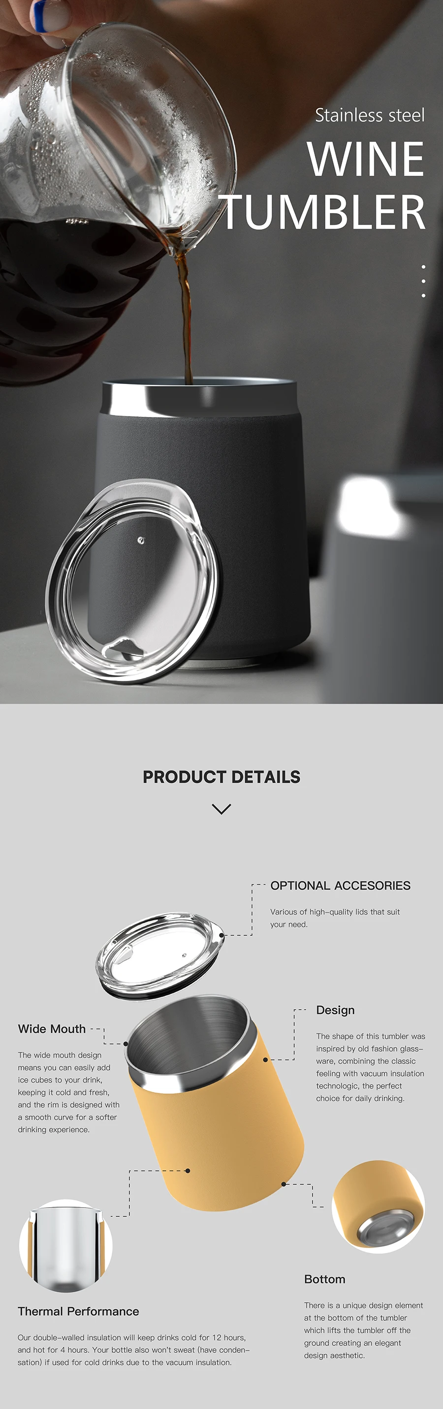 Custom 12oz Powder Coated Egg Shape Wine Tumbler Stainless Steel Coffee ...