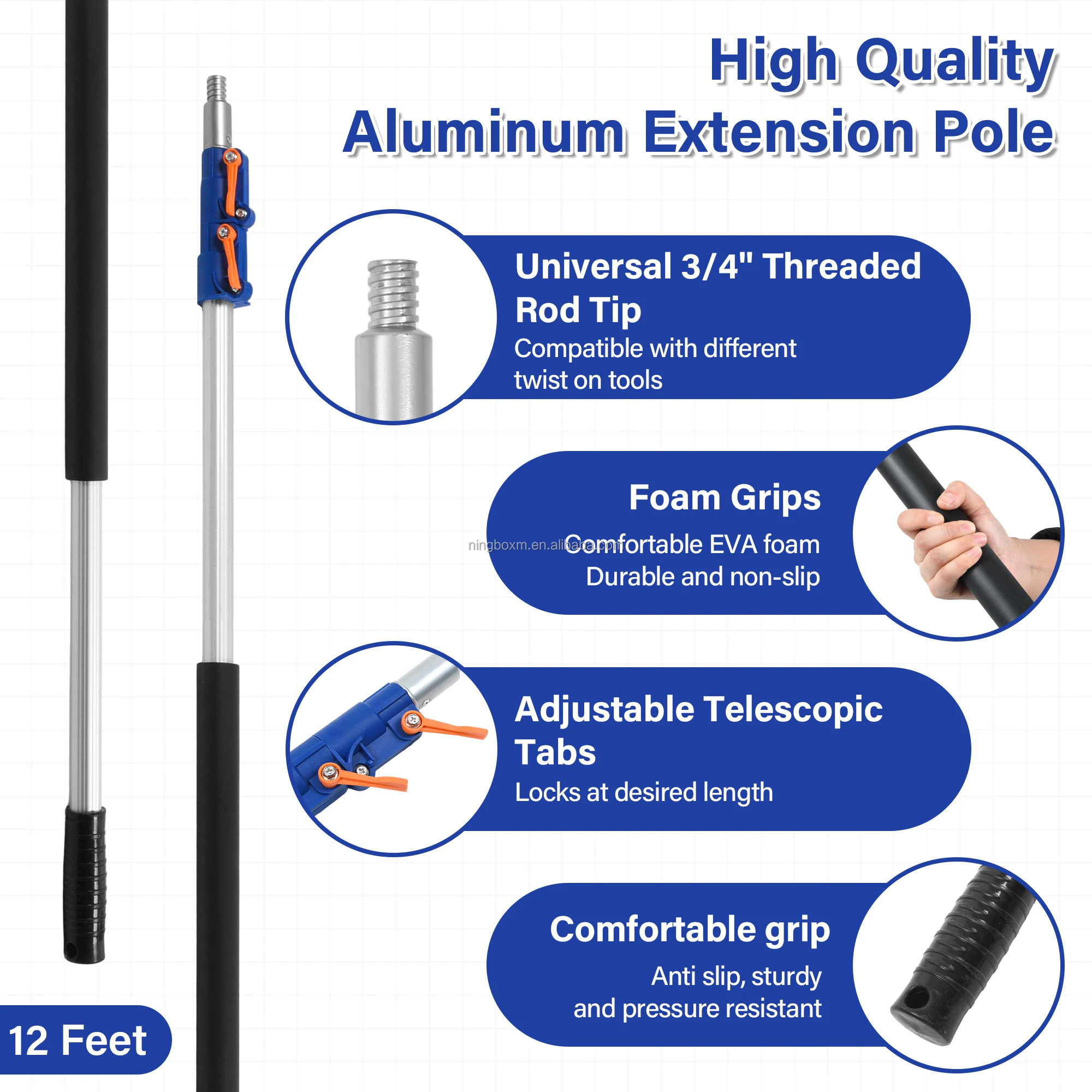 12 Ft Aluminum Telescopic Cleaning Extension Pole Rod - Buy 3 Sections ...