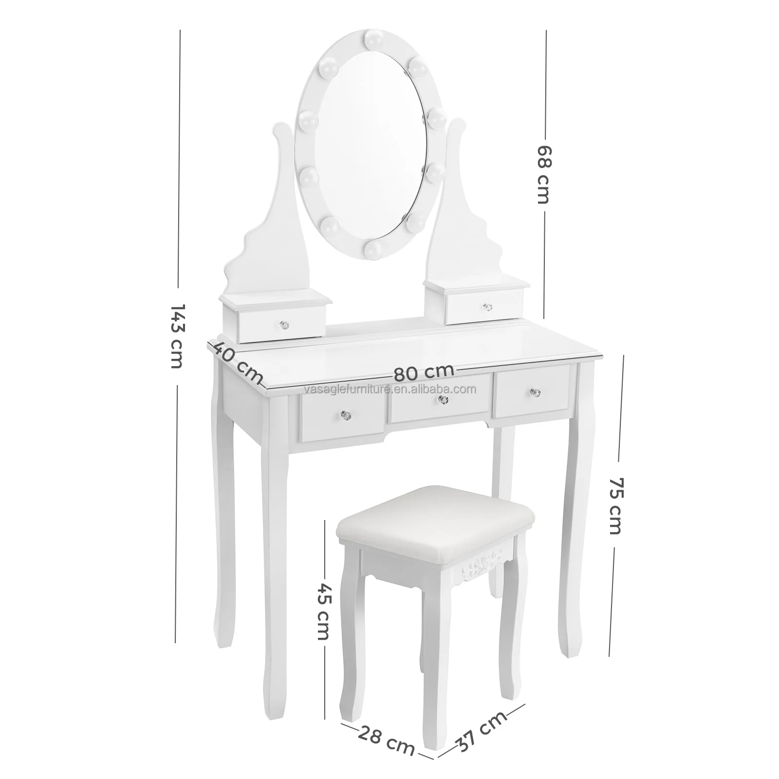 Vasagle Modern White Dressing Table Set With Led Lighting Bedroom Wood ...