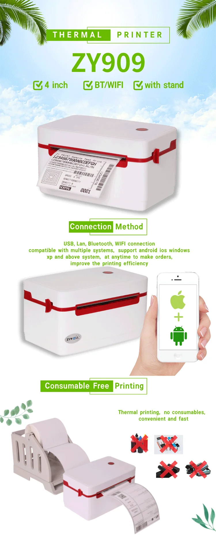 Zywell Zy909 New Launch 4 Inch Direct Thermal Label Printer Bluetooth ...