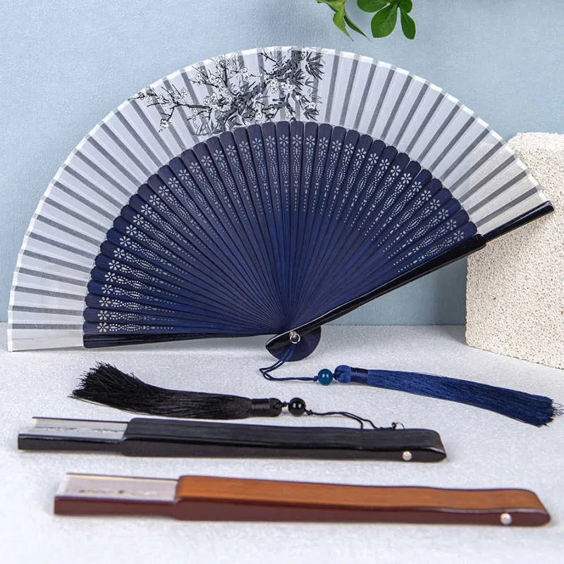 Luxury Chinese Silk Folding Hand Fans with Tassel Bamboo Frames