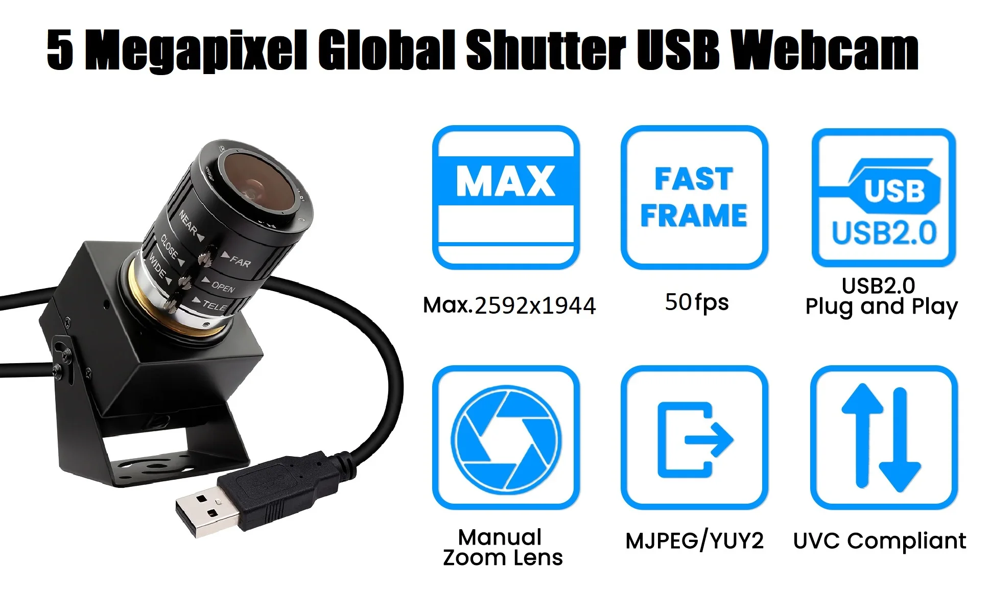 ELP 5MP Global Shutter USB Webcam - 3X Zoom & High Speed