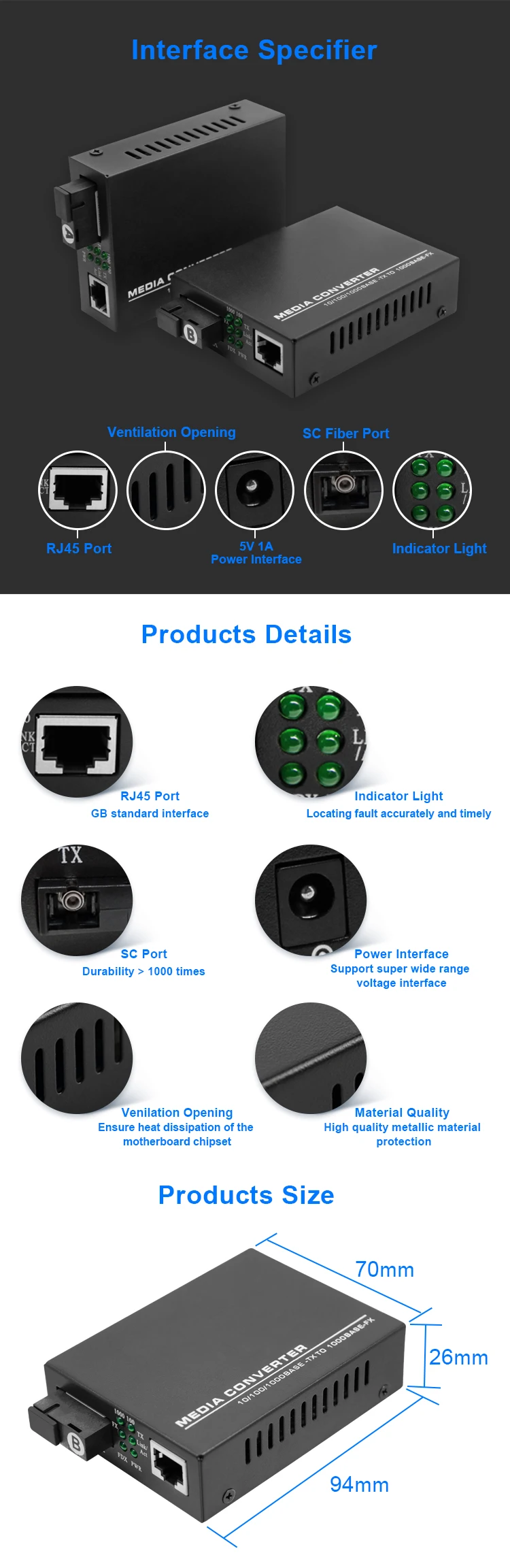 10/100/1000M Single Mode Media Converters Module Media Converter Stable ...