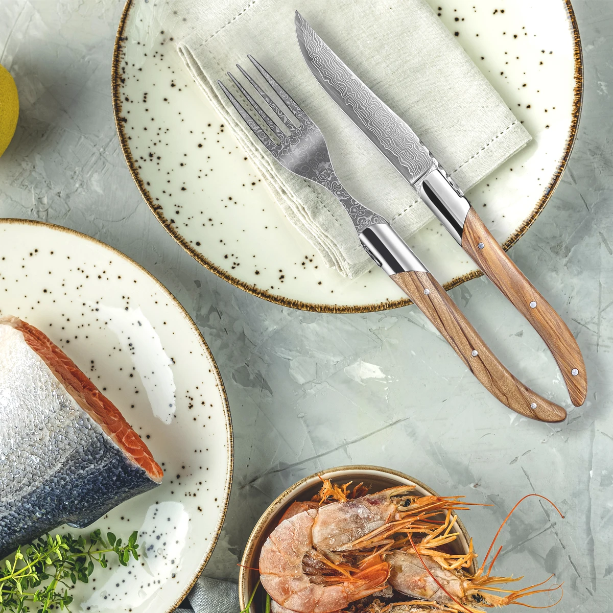 Luxury Damascus Steel Laguiole Flatware Set-Steak Knife and Fork with ...