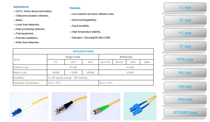 FC LC ST SC MPO SM APC 2 Mm Fiber Optic Connector - ROHS & CE Certified