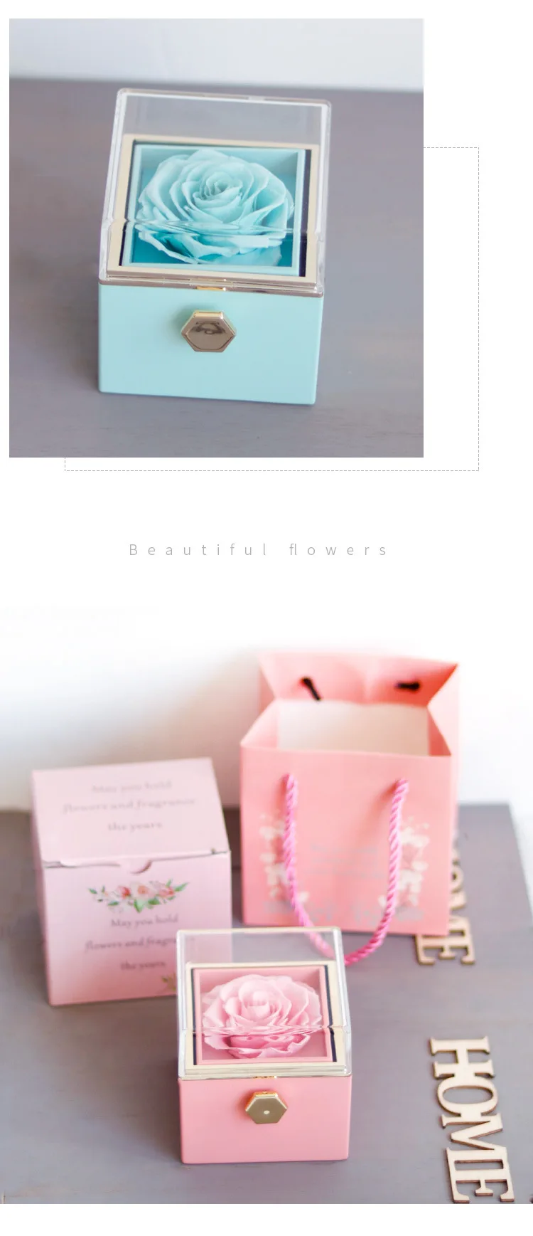 Rotating Eternal Rose Box Double Heart Engraved Flower Necklace Gift ...