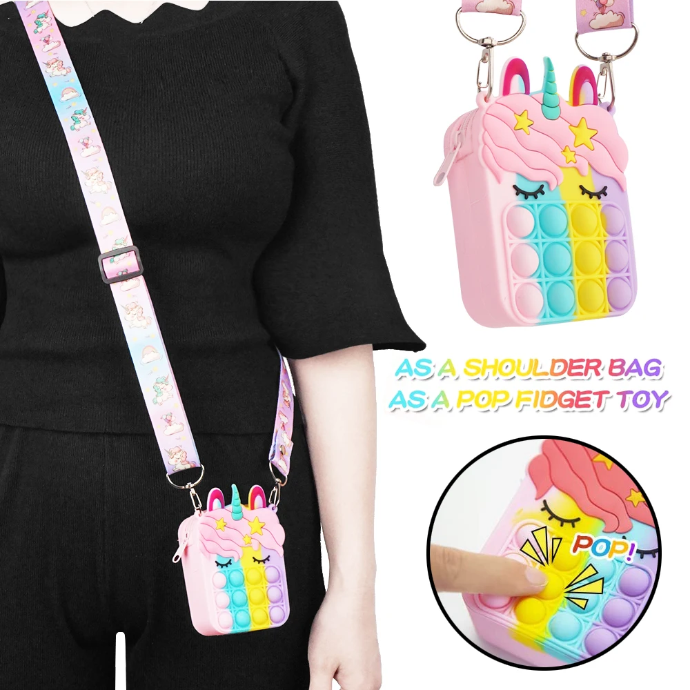 Fidget Toys Pop Purse Rainbow Unicorn Shoulder Bag For Kids Birthday ...