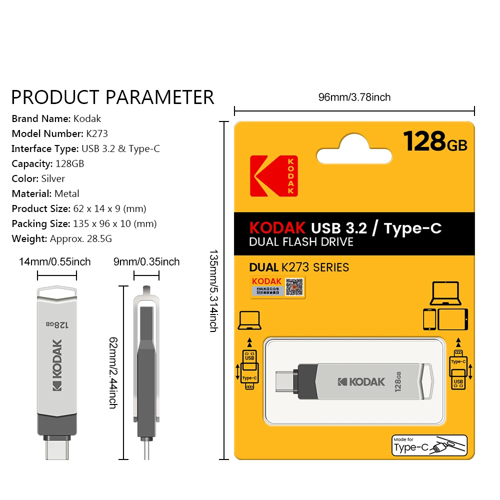Kodak K273 Metal Pendrive Type C OTG Fancy Ultra Thin USB