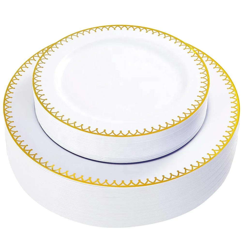Hot Stamp PS Disposable Plastic Dinner Plates with Gold Rim 25 Pcs 7.5 ...