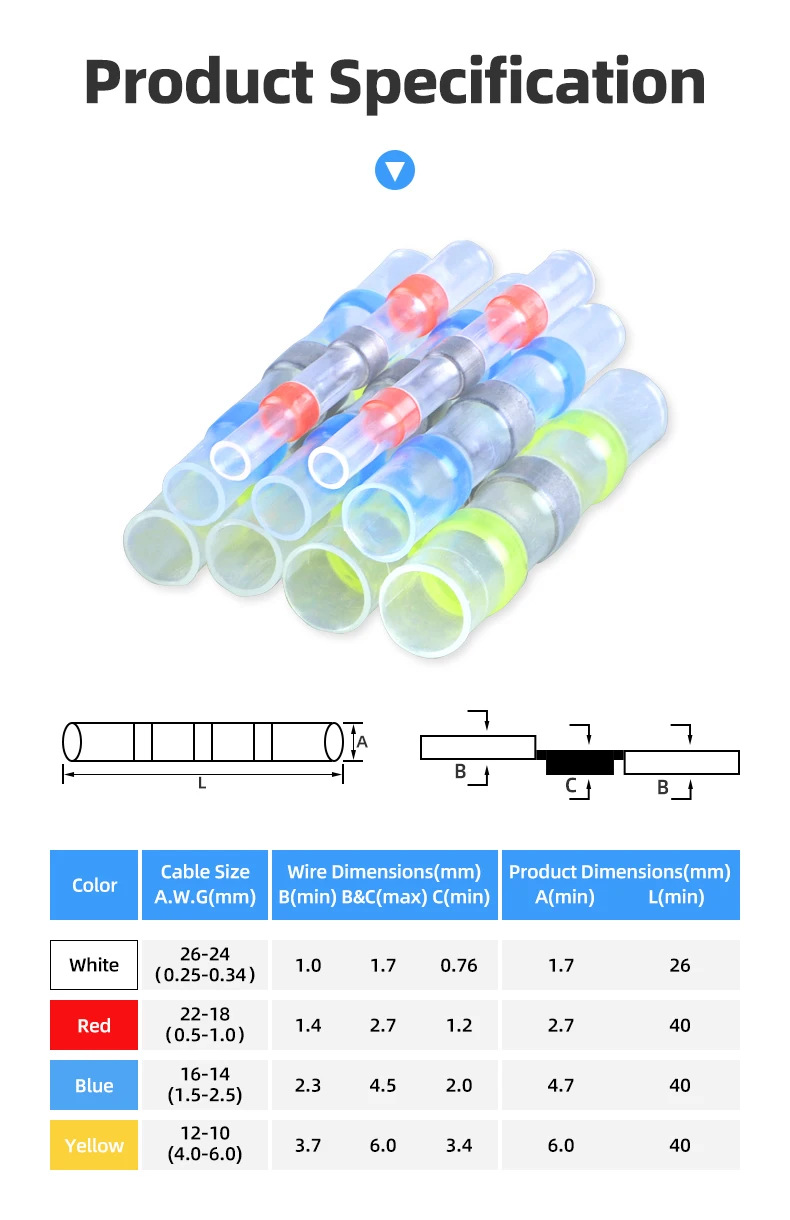 270Pcs 6Colors Self-Solder Heat Shrink Waterproof Insulated Butt Splice ...