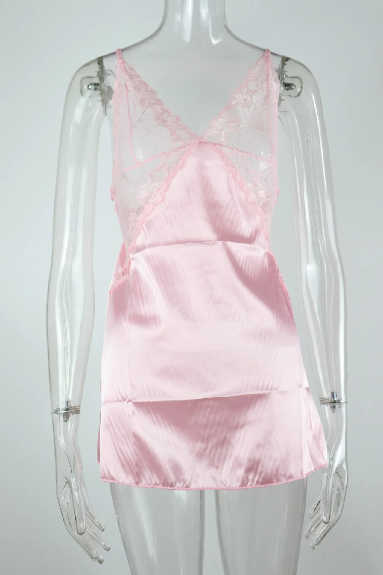 Spaghetti Strap Drape Neck Split Thigh Satin Silk Sleepwear Hollow ...