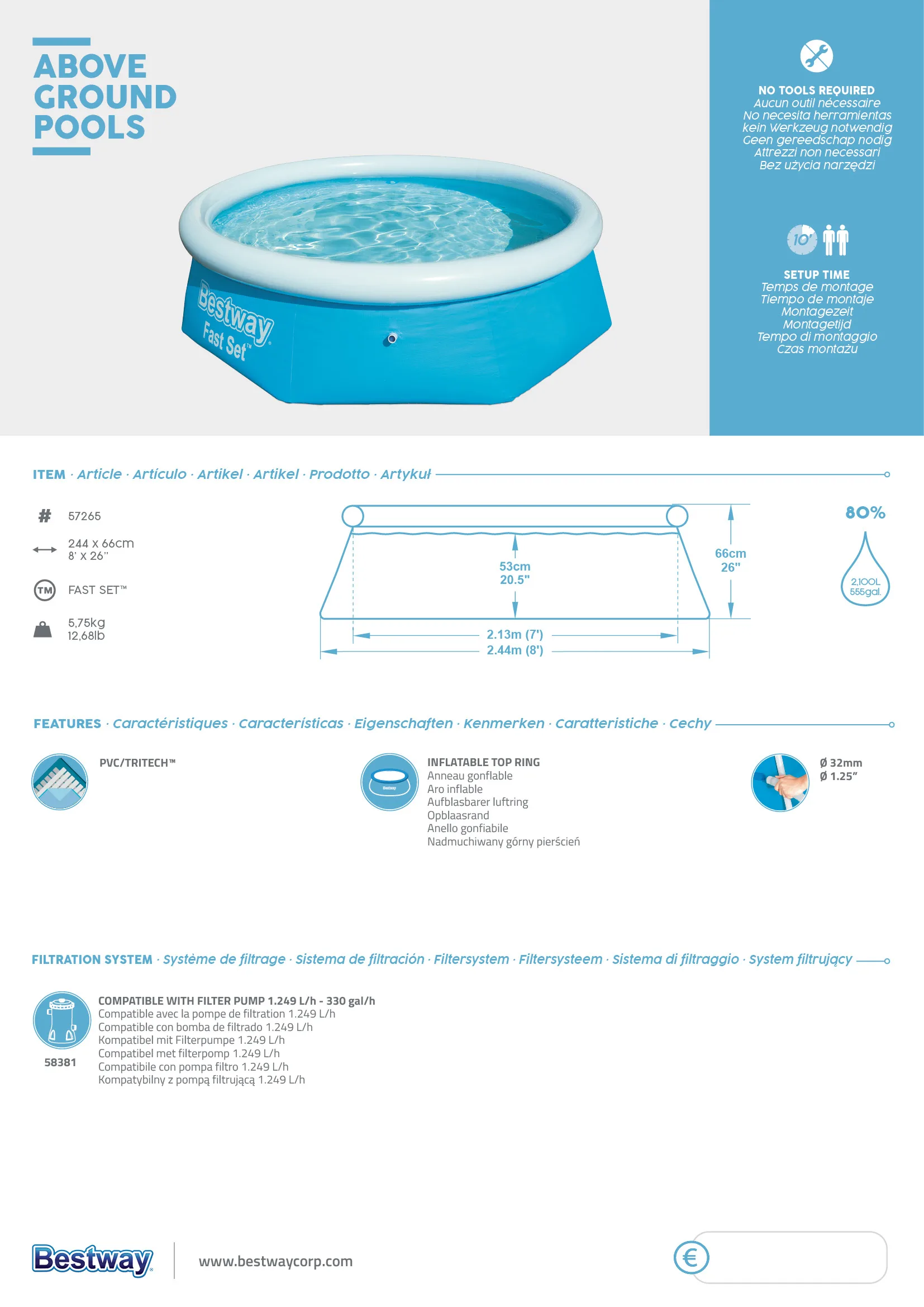 Bestway 57265 Fast Set Tritech Pool - 8FT X 26IN Above Ground