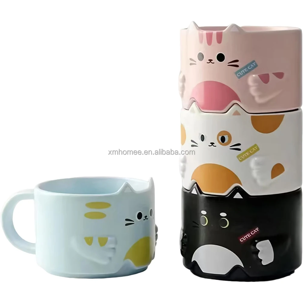 Stackable Cat Mug Set Adorable Ceramic Coffee Mugs For Cat Lovers Funny ...