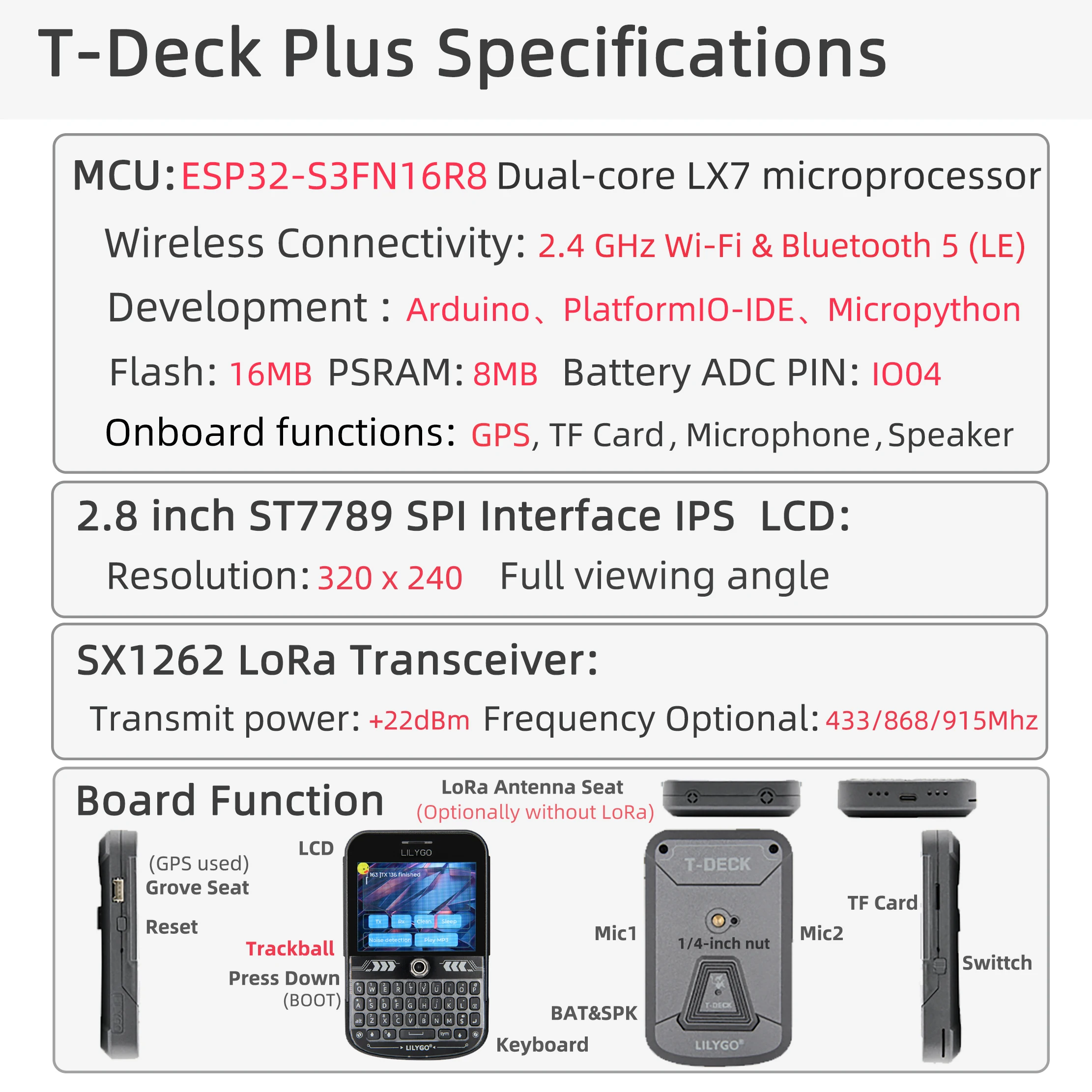 LILYGO T-Deck Plus SX1262 LoRa Module with GPS, ESP32-S3, 433/868 ...