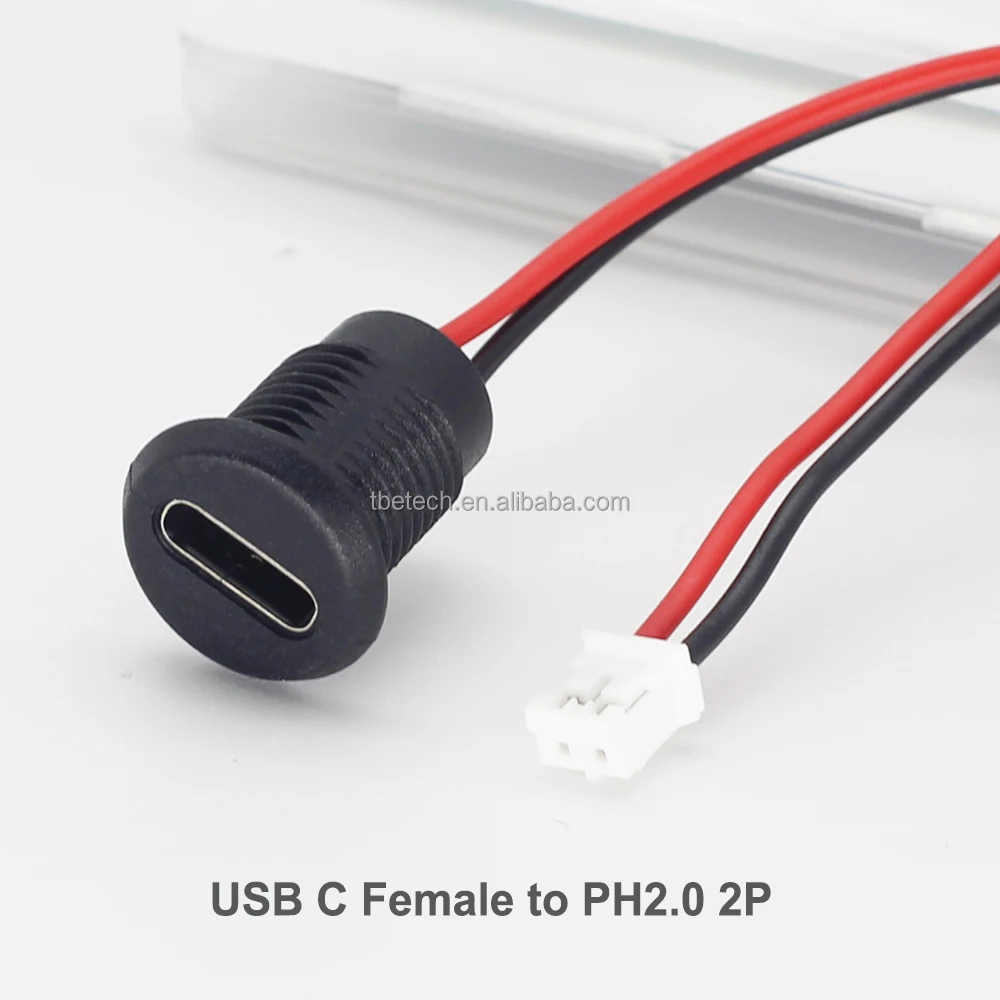 Waterproof Panel Mount USB C Female to PH2.0 2P Open Wires Power Cable Custom Charger Port with ...