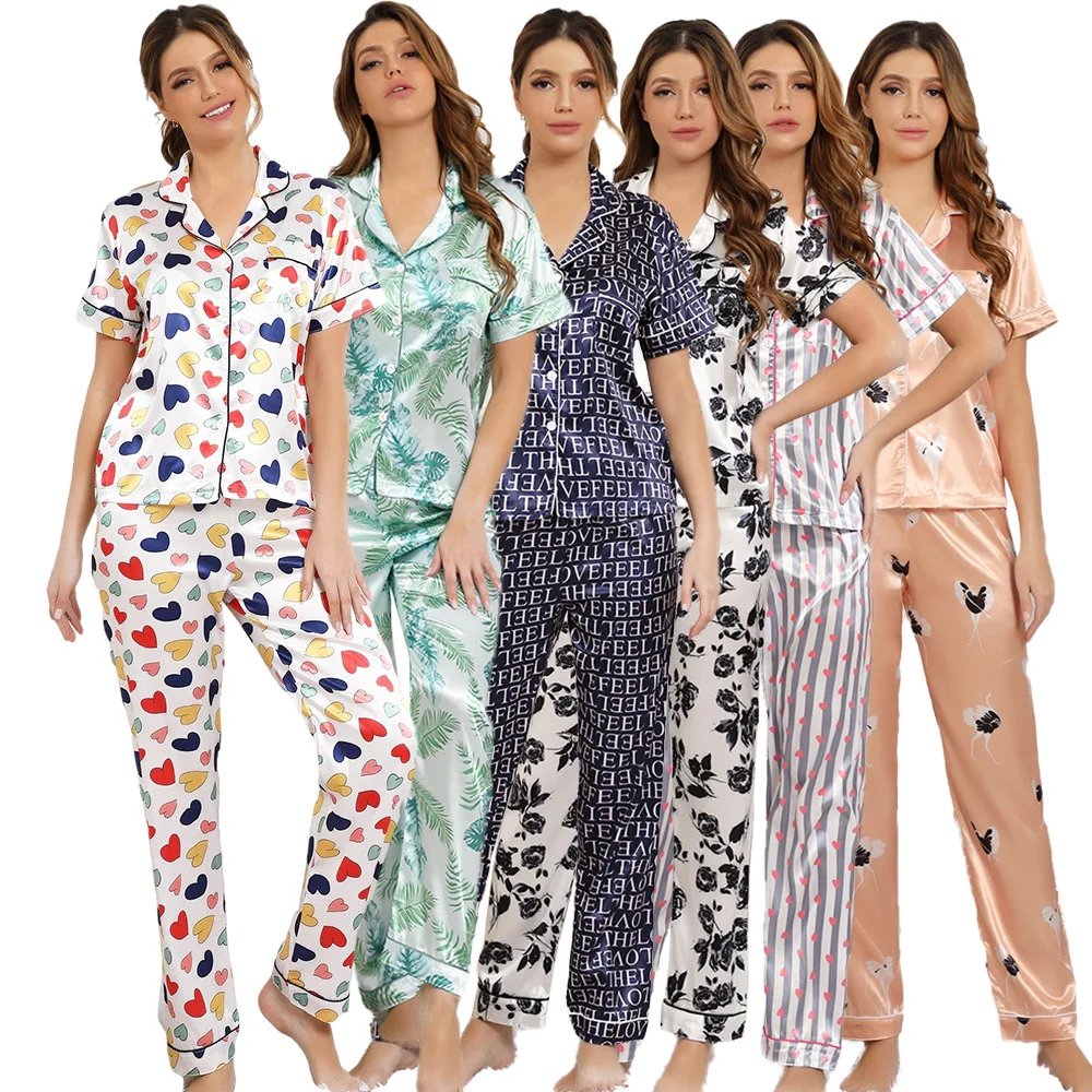 Pajama Pants Luxury Short Sleeve Pajama Loungewear Two Piece Nightwear Satin Sleepwear Set For ...