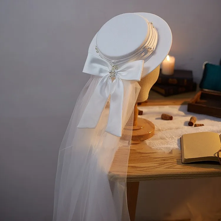 New French Top Hat Veil Vintage Wool Tweed Elegant White Bow Hat Hair ...
