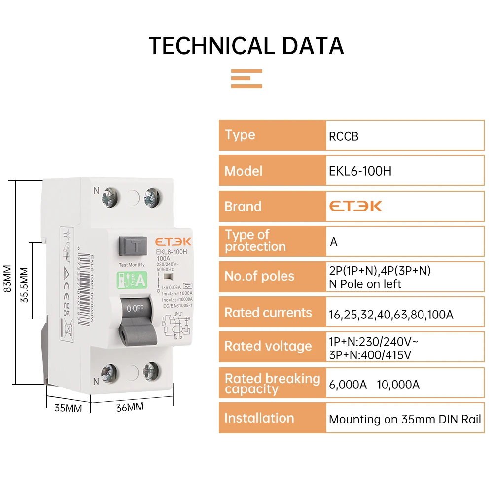 Etek Rccb Breaker 2p(1p+n)a Type Rccb 30ma A Type 16-100a Low Voltage Residual Current Circuit ...