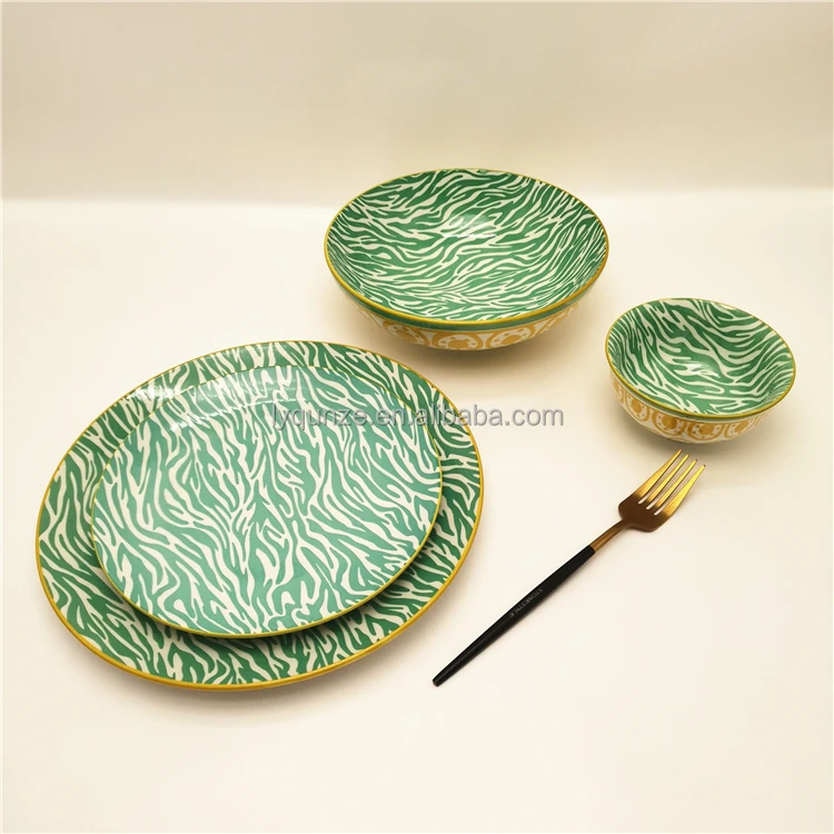 European Style Porcelain Dinner Set Green Wave Pattern Ceramic Dinnerware Set Pad Printing ...