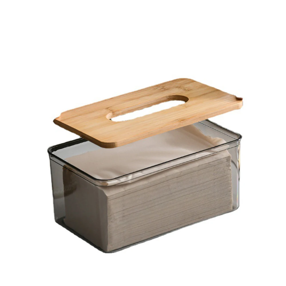 Facial Tissue Dispenser Box With Bamboo Wood Lid Transparent Container ...