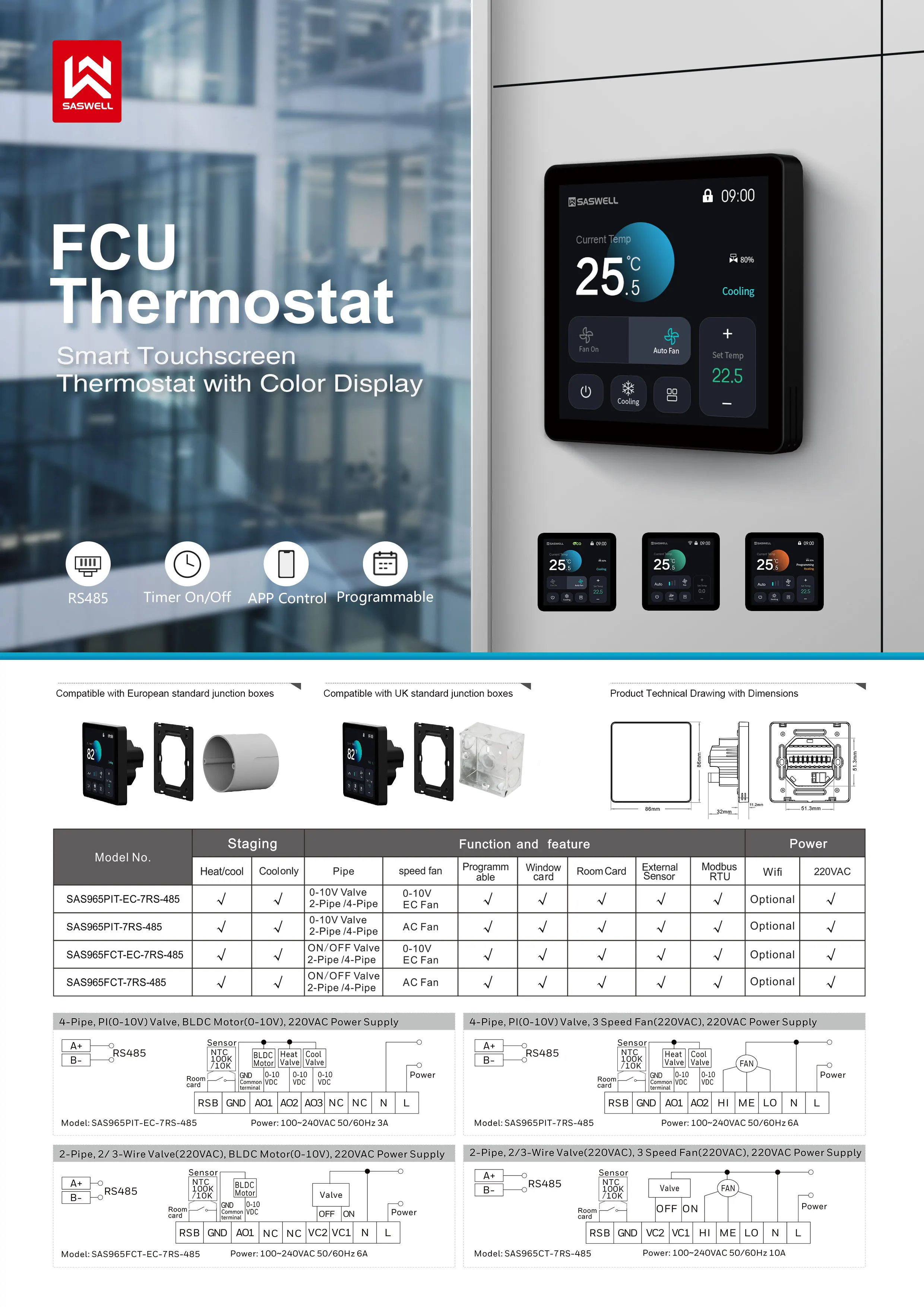 Touchscreen Color Display 4H/2C AHU Thermostat with Tuya Wifi